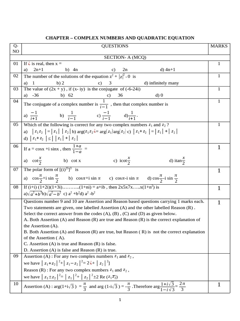 Xi_rupnarainpur_comlex Numbers and Quadratic Equation (1) | PDF ...