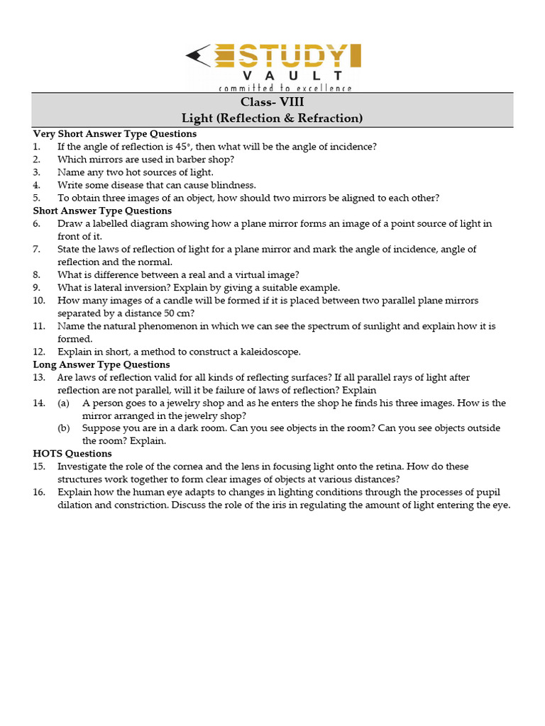 VIII-Class Test-1_Light (Reflection & Refraction) | PDF