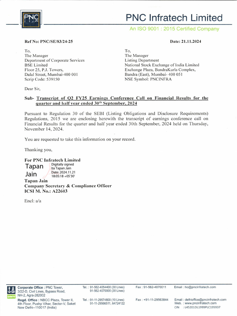 PNC Infra - Transcript - Nov 2024 | PDF | Economies