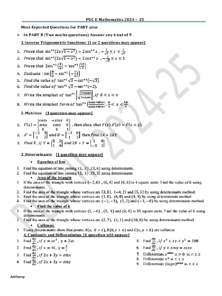 II PUC Maths Valueable QP | PDF
