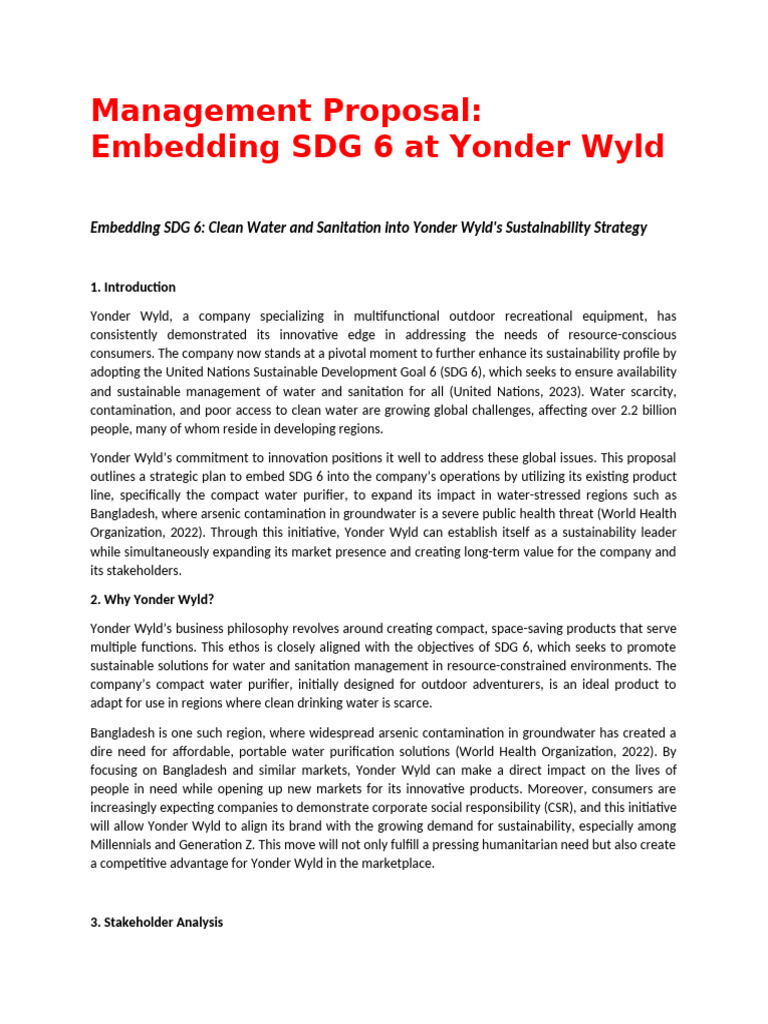 Management Proposal_Embedding SDG 6 at Yonder Wyld | PDF | Drinking ...