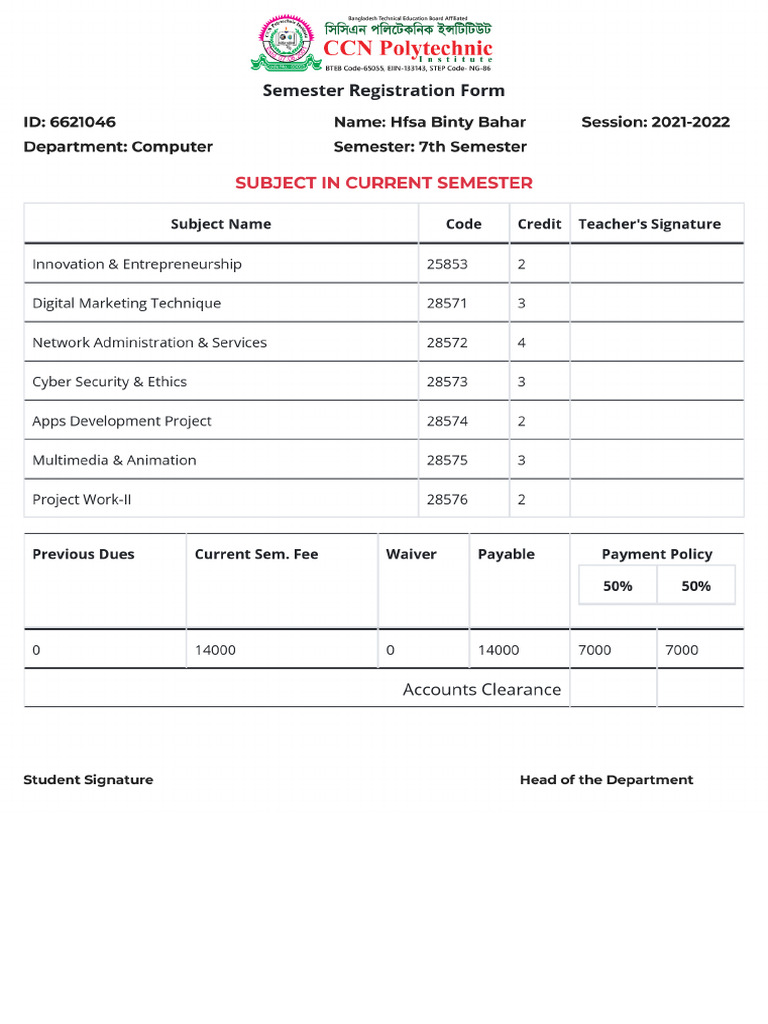 Semister Regis. Form | PDF