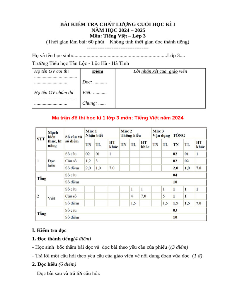 DE KIEM TRA Cuối HK1 LOP 3 TIẾNG VIỆT | PDF