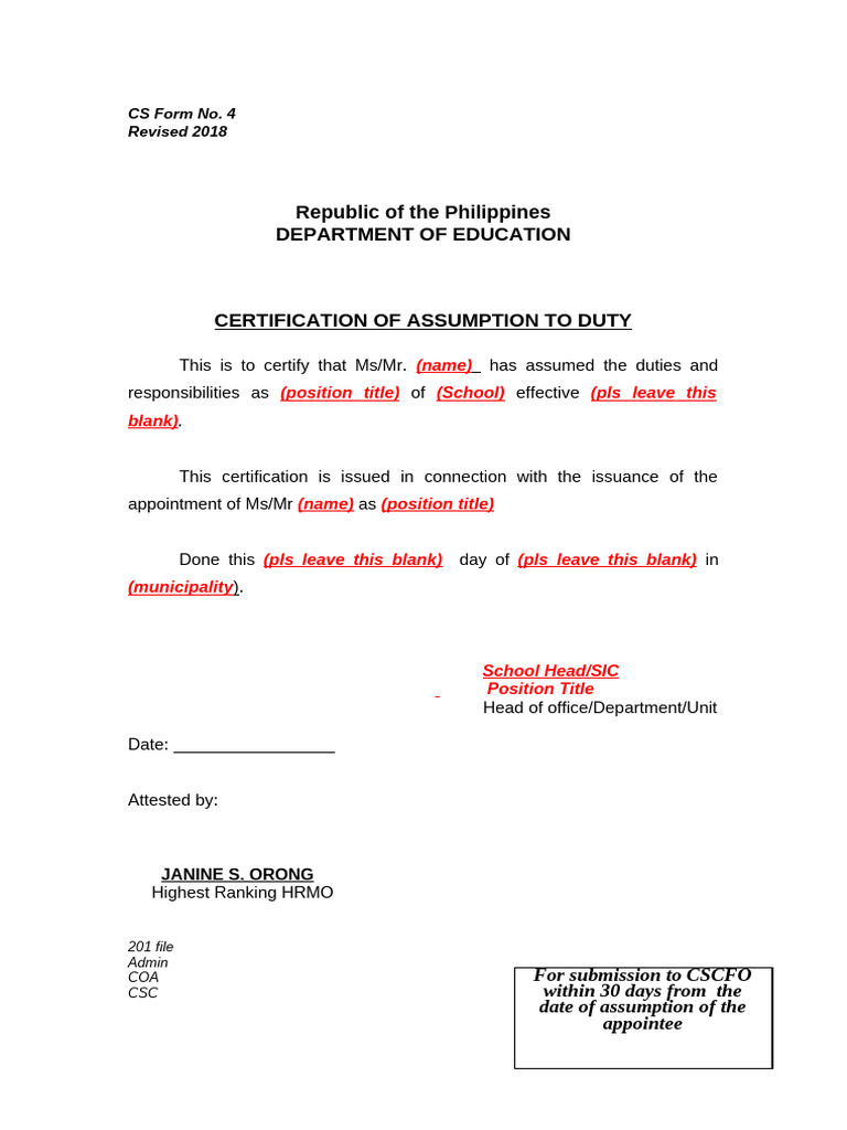 Certification of Assumption to Duty Form | PDF