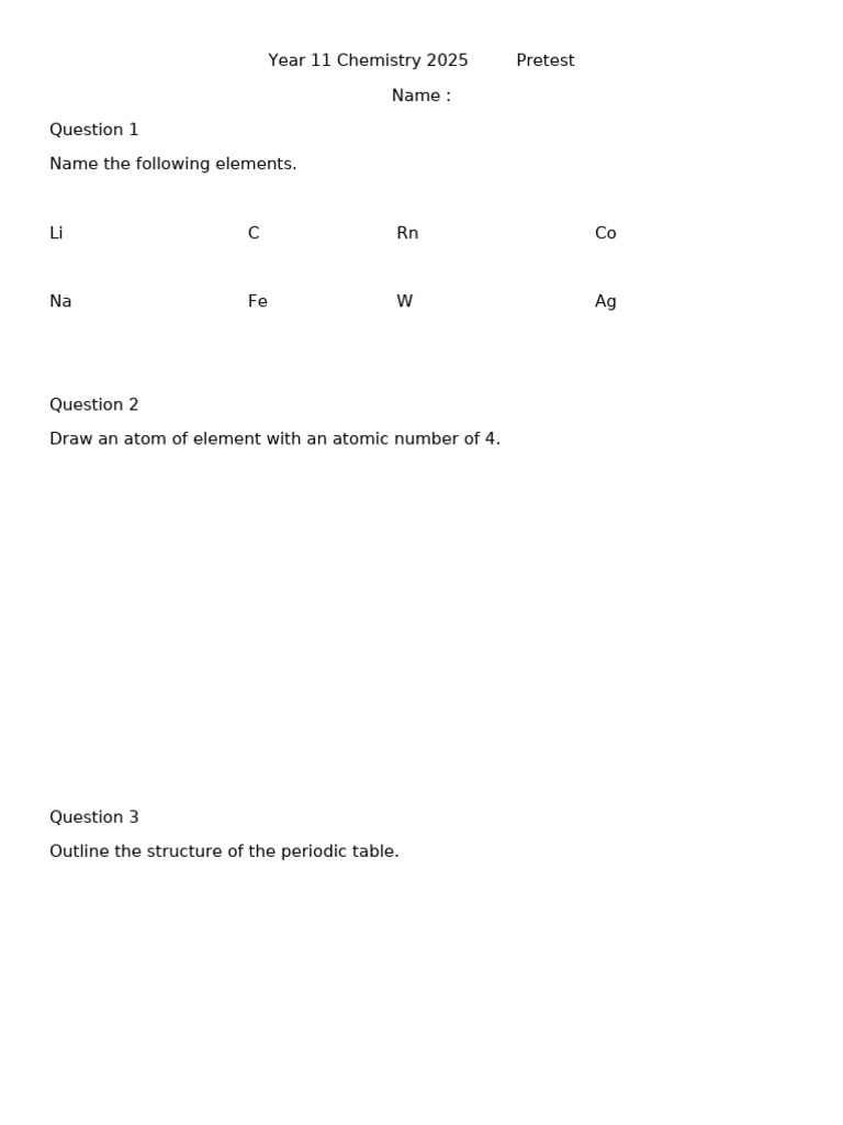 Year 11 Chemistry 2025 - Pretest | PDF