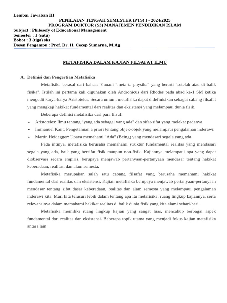 Kajian Metafisika dalam Filsafat Pendidikan | PDF