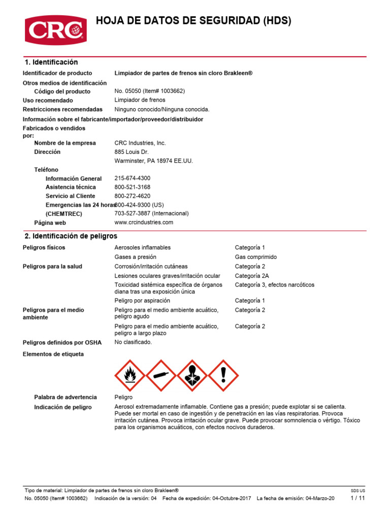 Hoja de Seguridad Limpiador de Frenos | PDF | Agua | Toxicología