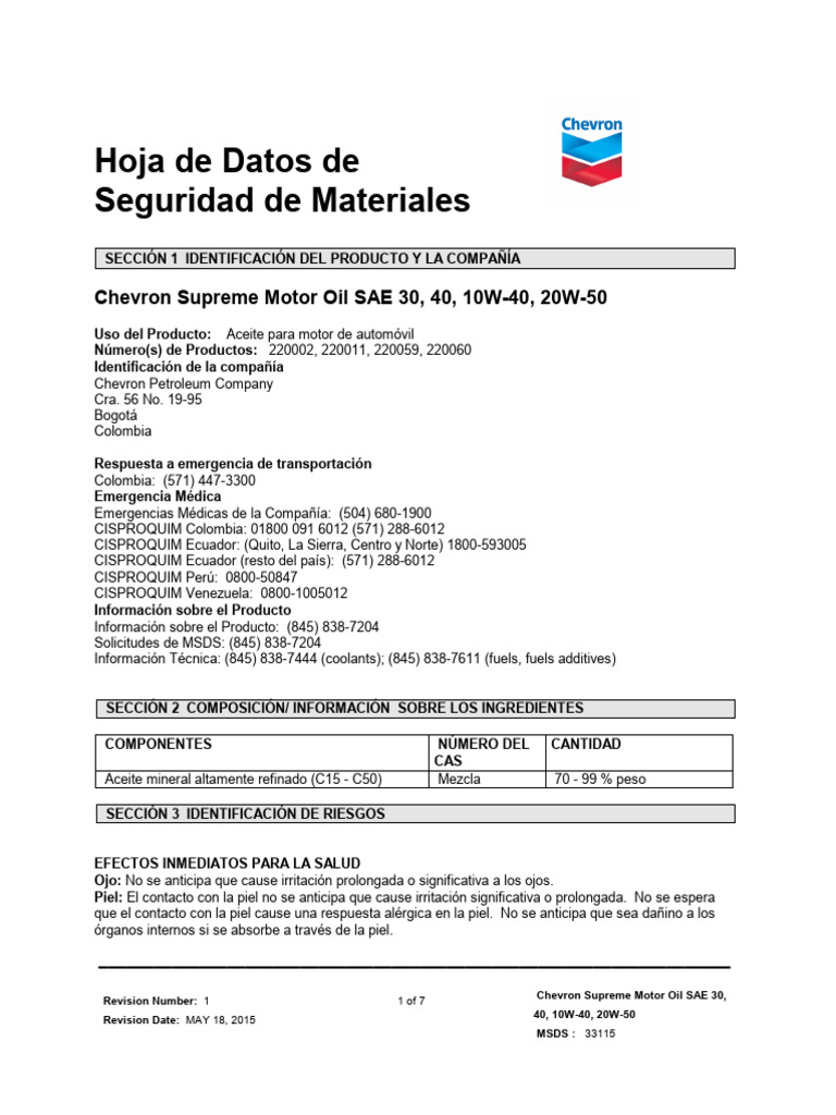 Hoja de Seguridad SUPREME 20W50 SN | PDF | Solubilidad | Agua