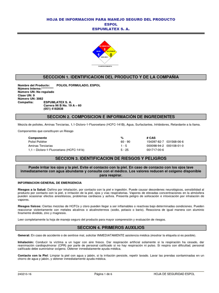 Manejo Seguro del Polioles ESPOL | PDF | Agua | Amoníaco