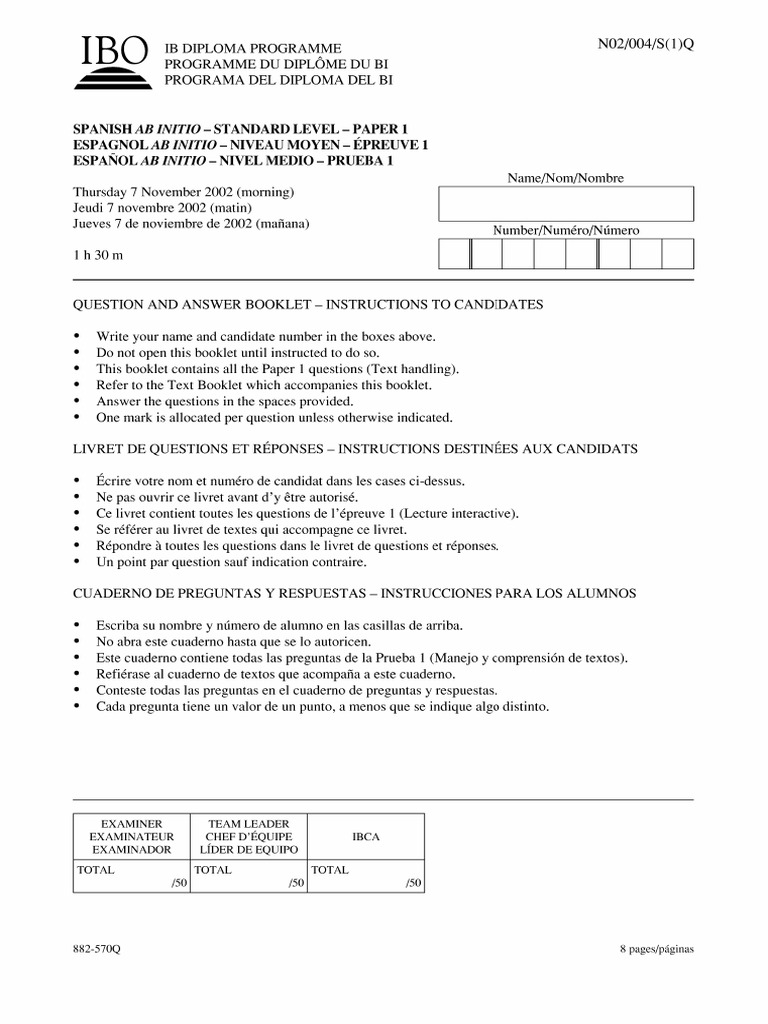 Spanish Ab Initio Paper 1 Question Booklet SL | PDF