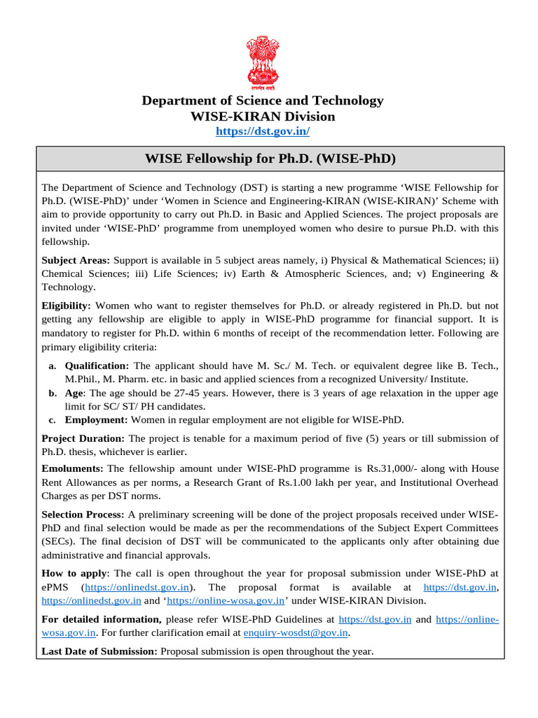 SchemeId 2319 Advertisement WISE PhDwithInstructionSheet EPMS | PDF | Doctor Of Philosophy | Thesis