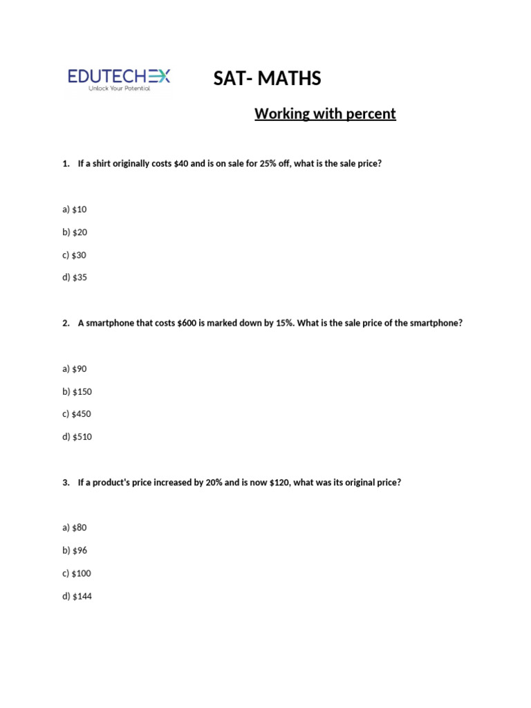 SAT - Maths.working With Percent | PDF | Prices | Depreciation
