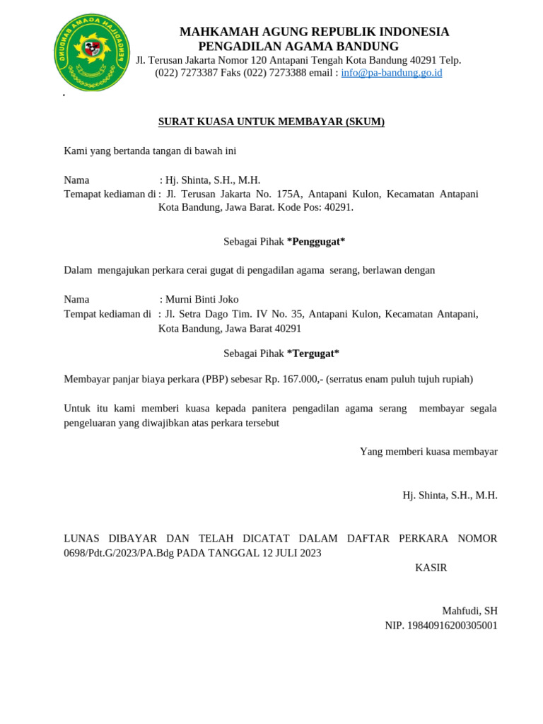 Mahkamah Agung Republik Indonesia Pengadilan Agama Bandung: Surat Kuasa ...
