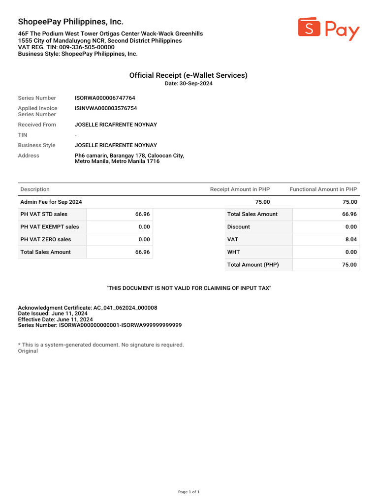 ShopeePay Official Receipt (Sep 2024) | PDF