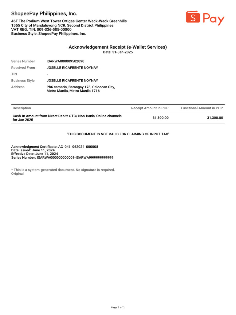 ShopeePay Acknowledgment Receipt 2025 | PDF