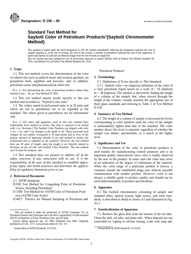 Saybolt Color of Petroleum Products (Saybolt Chromometer Method) | PDF ...