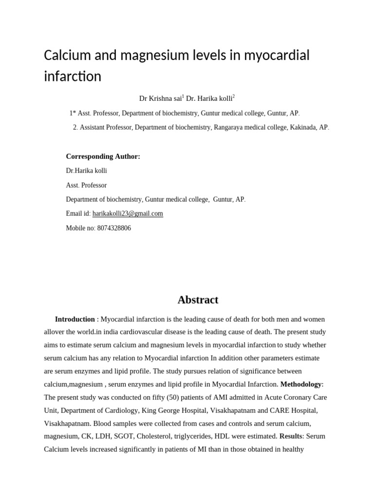 Calcium and Magnesium Levels in Myocardial Infarction | PDF ...