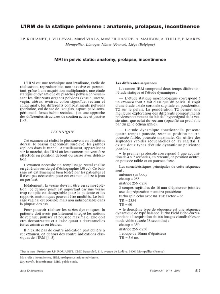 IRM Pelvienne : Anatomie et Prolapsus | PDF | Incontinence urinaire ...