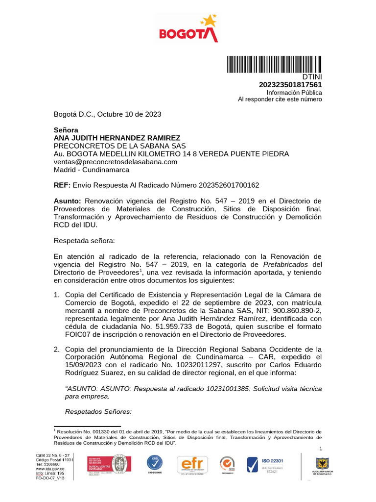 Certificado Idu 2023 | PDF | Bogotá | Hormigón