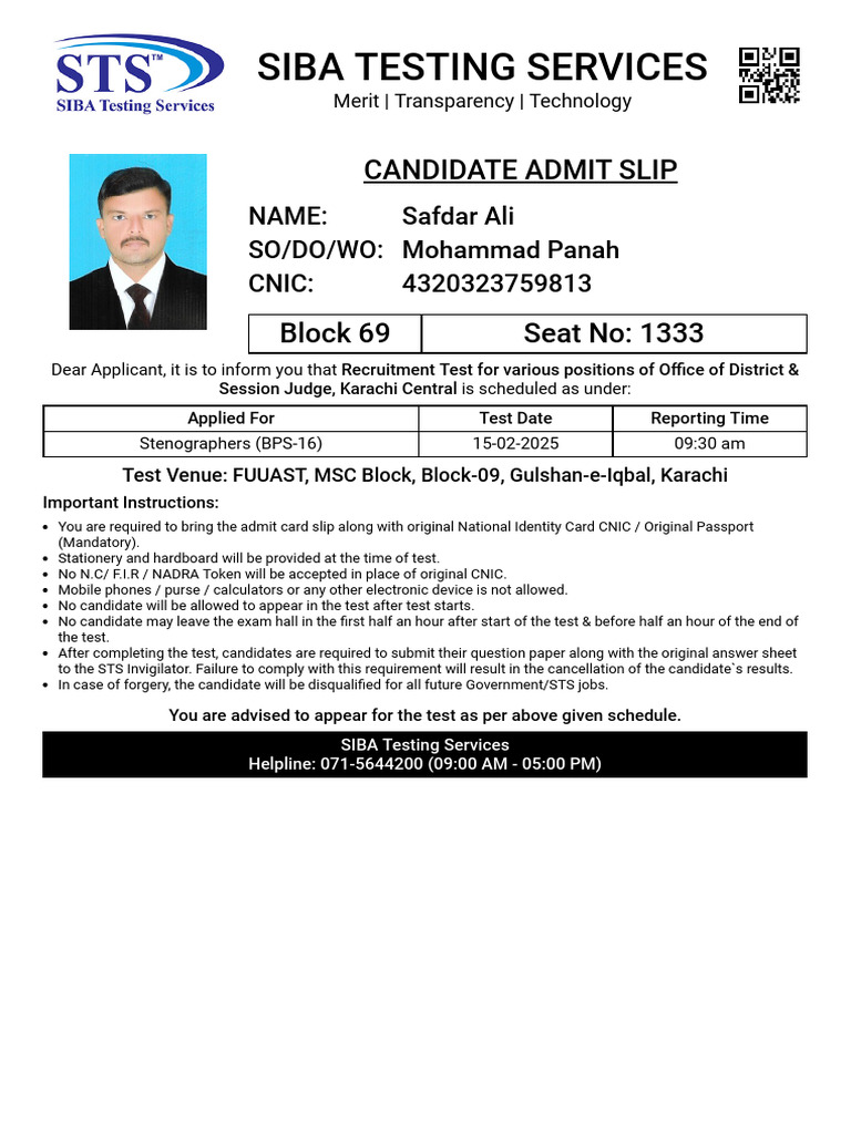 Siba Testing Services: Candidate Admit Slip | PDF