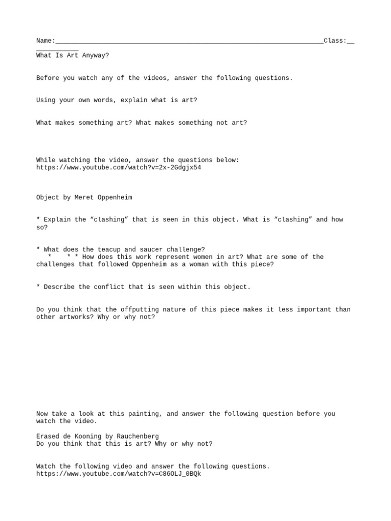 V2 What Is Art Anyway - Worksheet Sub Plan | PDF | The Arts