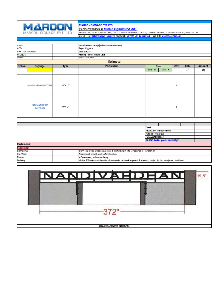 Marcon Signage Estimate - Nandivardhan-22nd May 2024 | PDF
