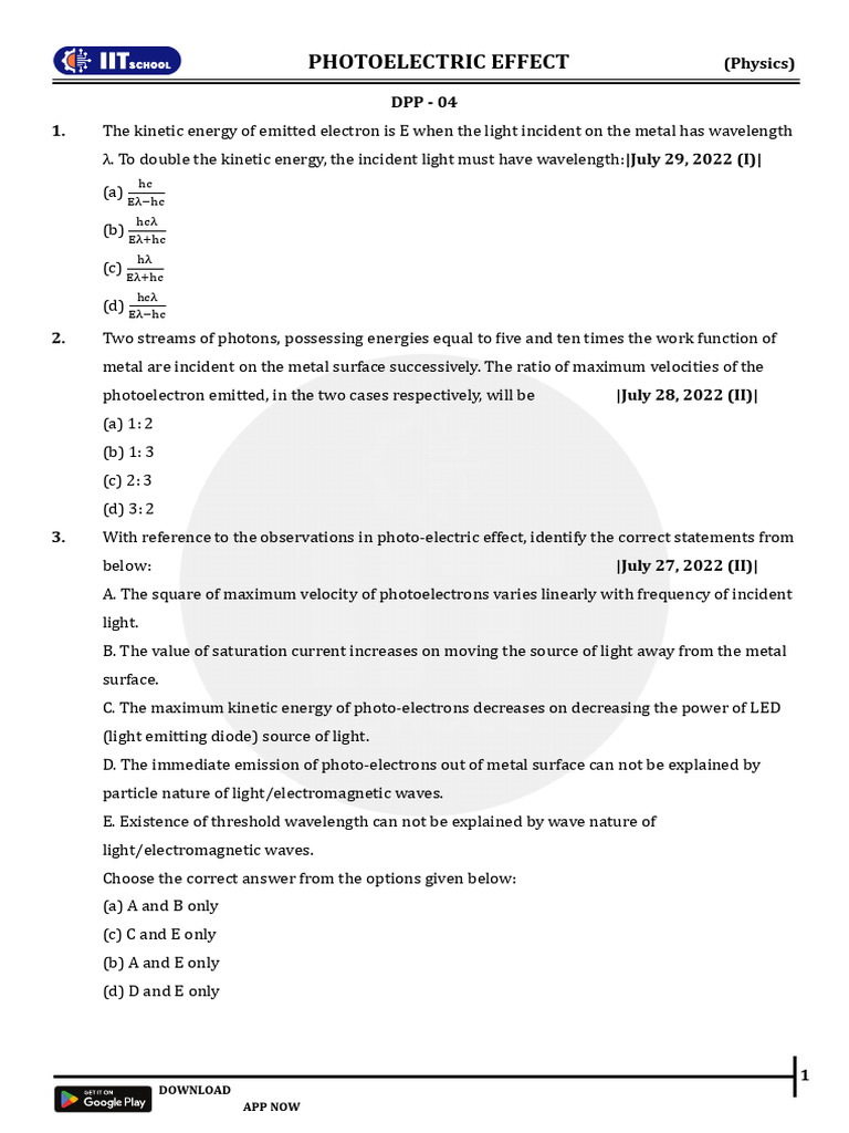 DPP - 04 - Jee Mains PYQ Photoelectric Effect | PDF | Photoelectric ...