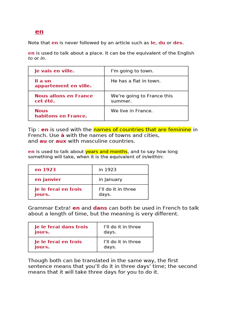 Understanding French Prepositions: en vs. dans | PDF | Morphology | Grammar