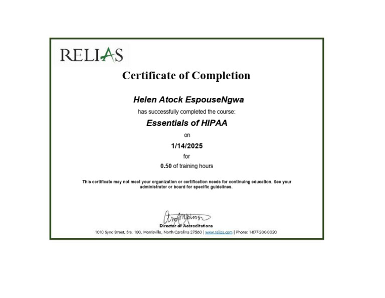 Certificate of Completion - Essentials of HIPAA | PDF