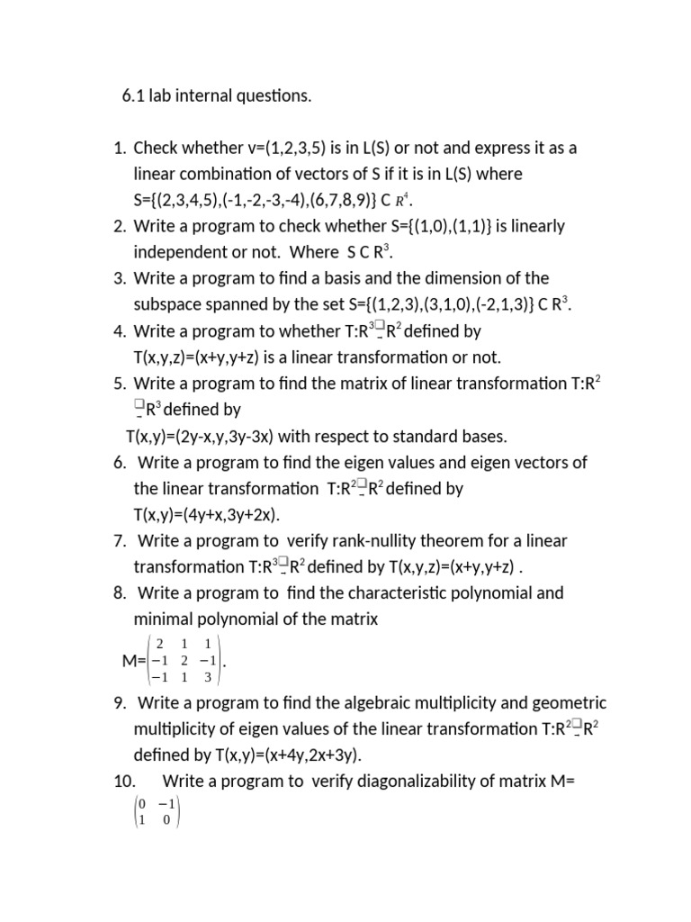 Maths 6.1 Internal Lab Quntions | PDF | Eigenvalues And Eigenvectors | Linear Map