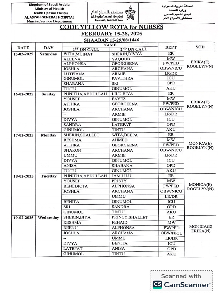 Code Yellow Rota February 15-28 2025 | PDF