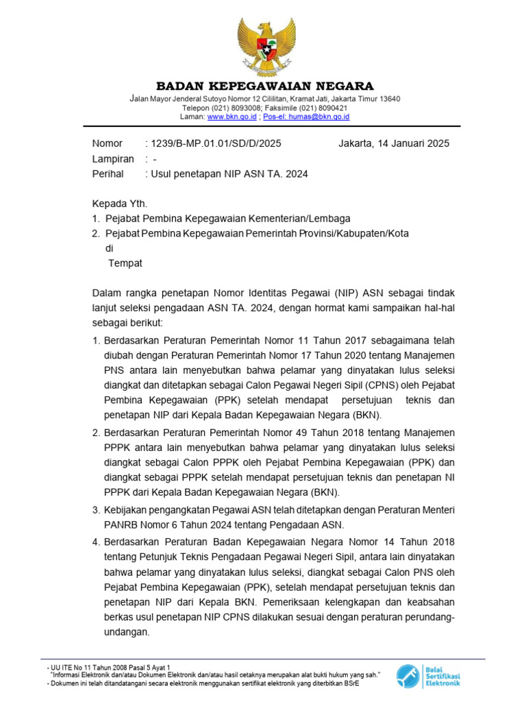 Surat Dinas Usul Penetapan Nip Asn Ta 2024 | PDF