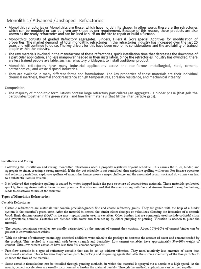 Monolithic Refractories Overview | PDF | Refractory | Cement