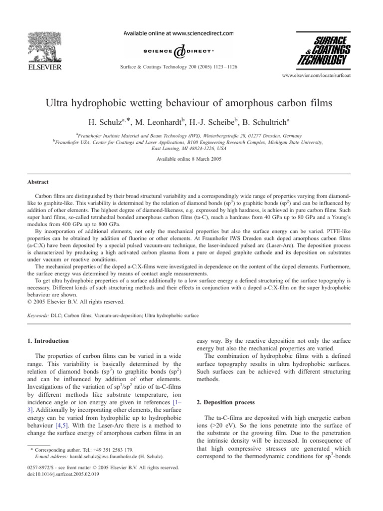 Ultra Hydrophobic Wetting Behaviour of Amorphous Carbon Films | PDF | Carbon | Argon