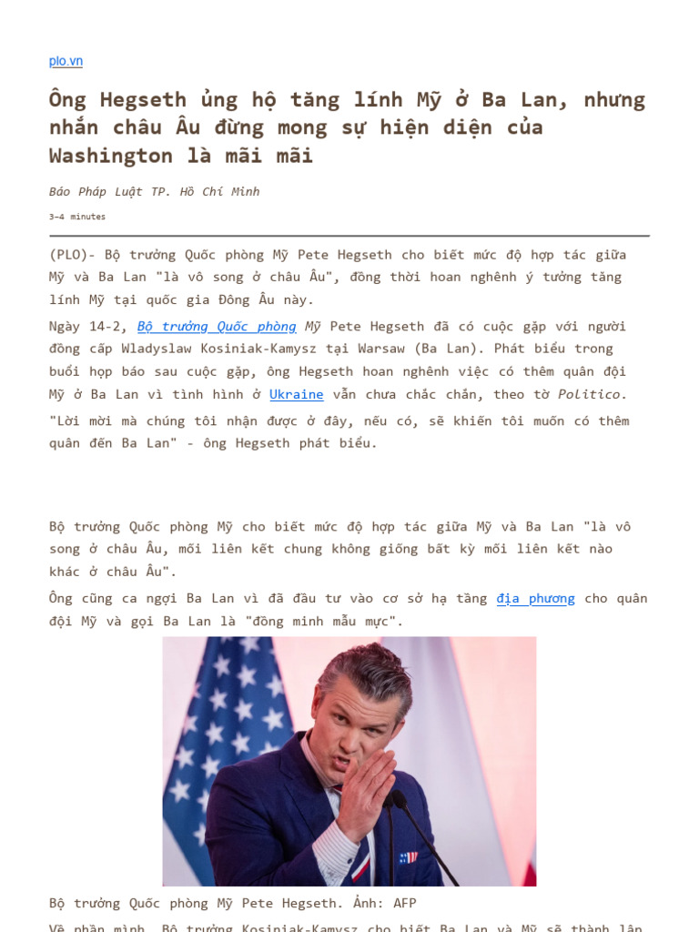 Ông Hegseth NGH T NG Lính M Ba Lan, NH NG NH N Châu Âu NG Mong S Hi Ndi NC A Washington Là Mãi ...