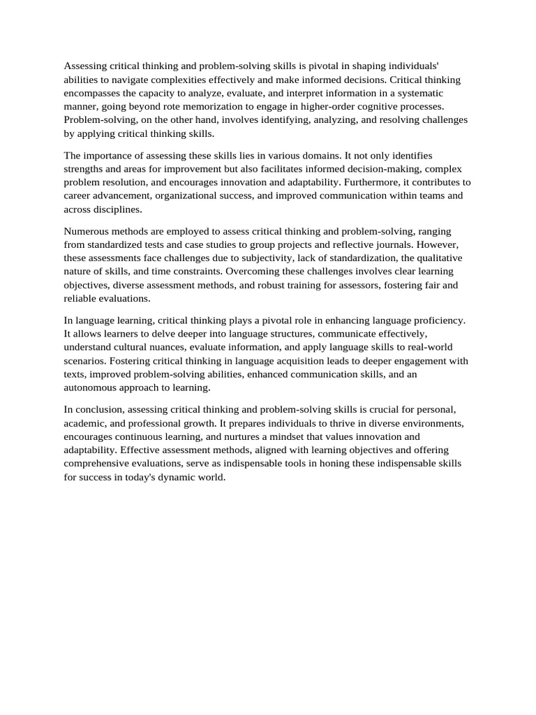 Assessing Critical Thinking Skills Essay | PDF