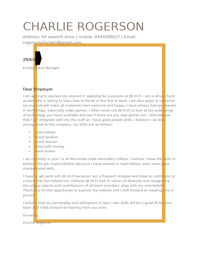 Cover Letter JB | PDF