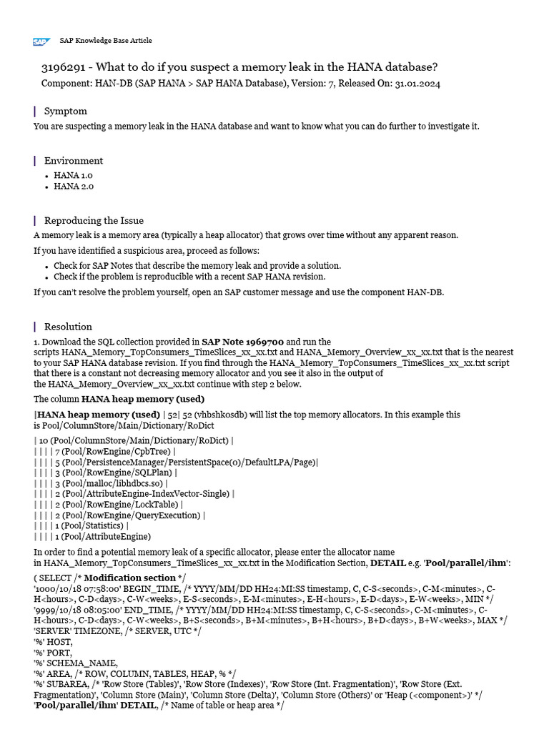 Investigating HANA Database Memory Leaks | PDF | Computing | Software Engineering