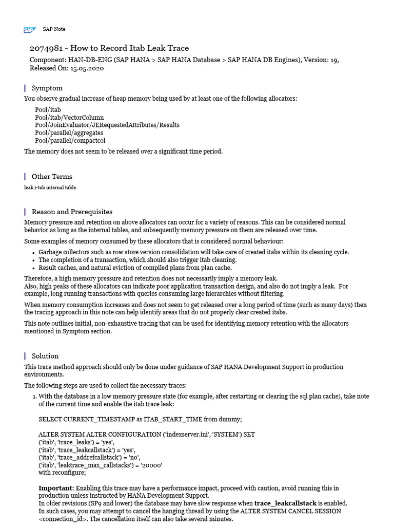 Note 2074981 - How to Record Itab Leak Trace | PDF | Memory | Sql
