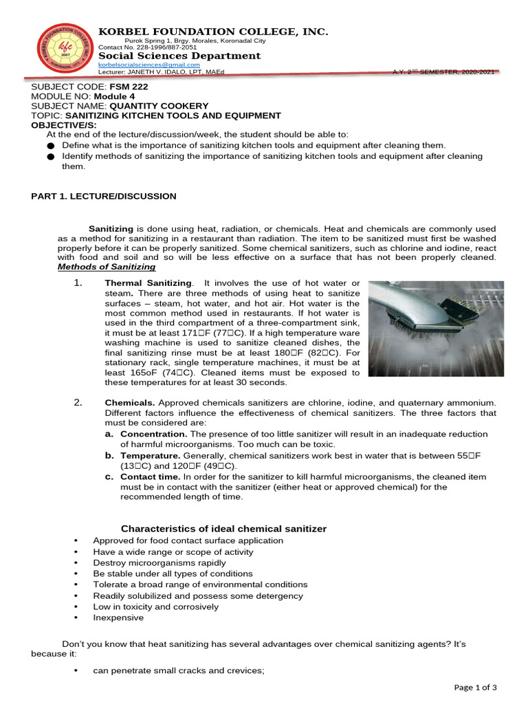 Module 4 Sanitizing Kitchen Tools and Equipment | PDF | Disinfectant ...