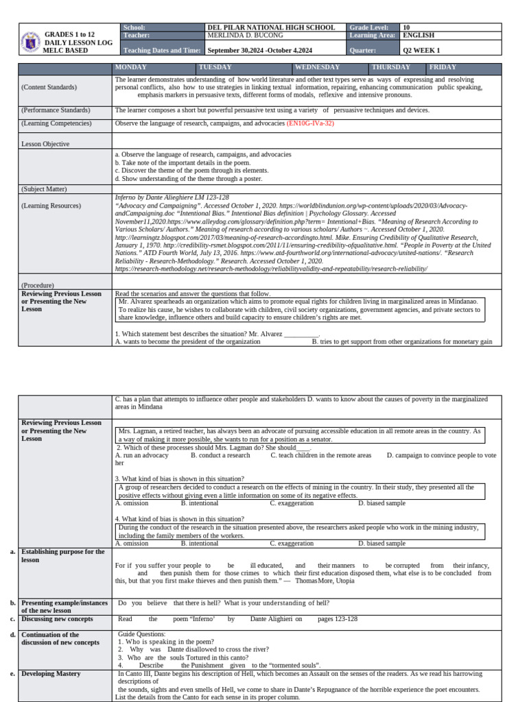 Melc DLL Eng 10 Week 1 Q2 Done | PDF | Hell | Learning