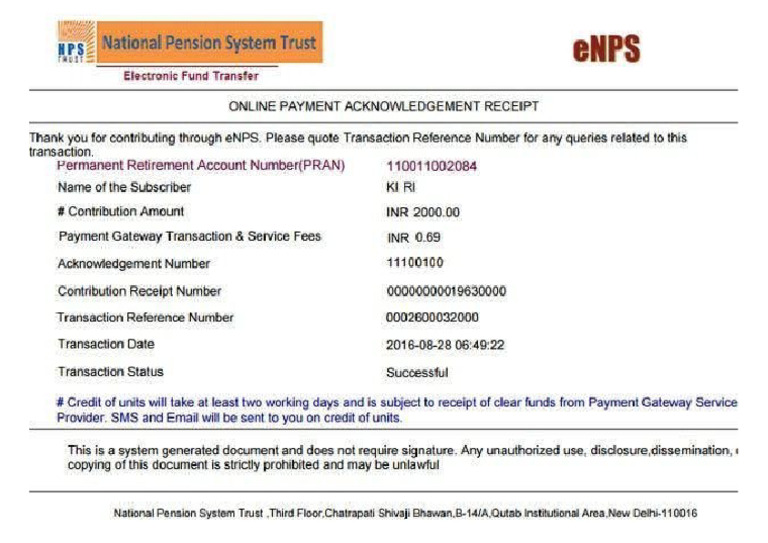 Nps Contribution Payment Receipt | PDF