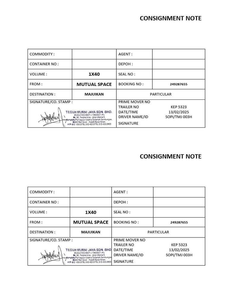 CONSIGNMENT NOTE KONTENA | PDF