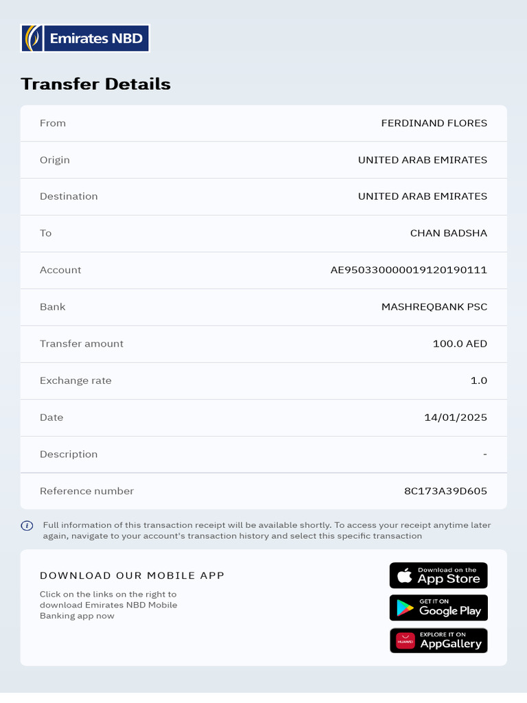 Mashreq Bank Transfer Receipt | PDF