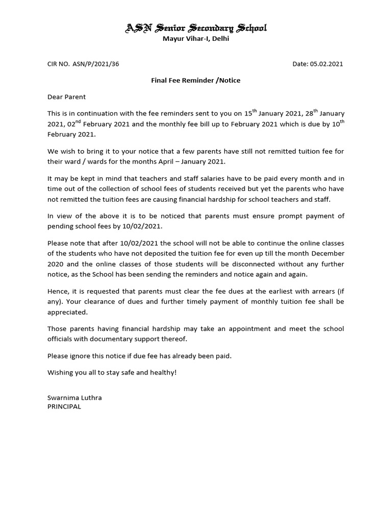 Final School Fee Reminder Notice | PDF