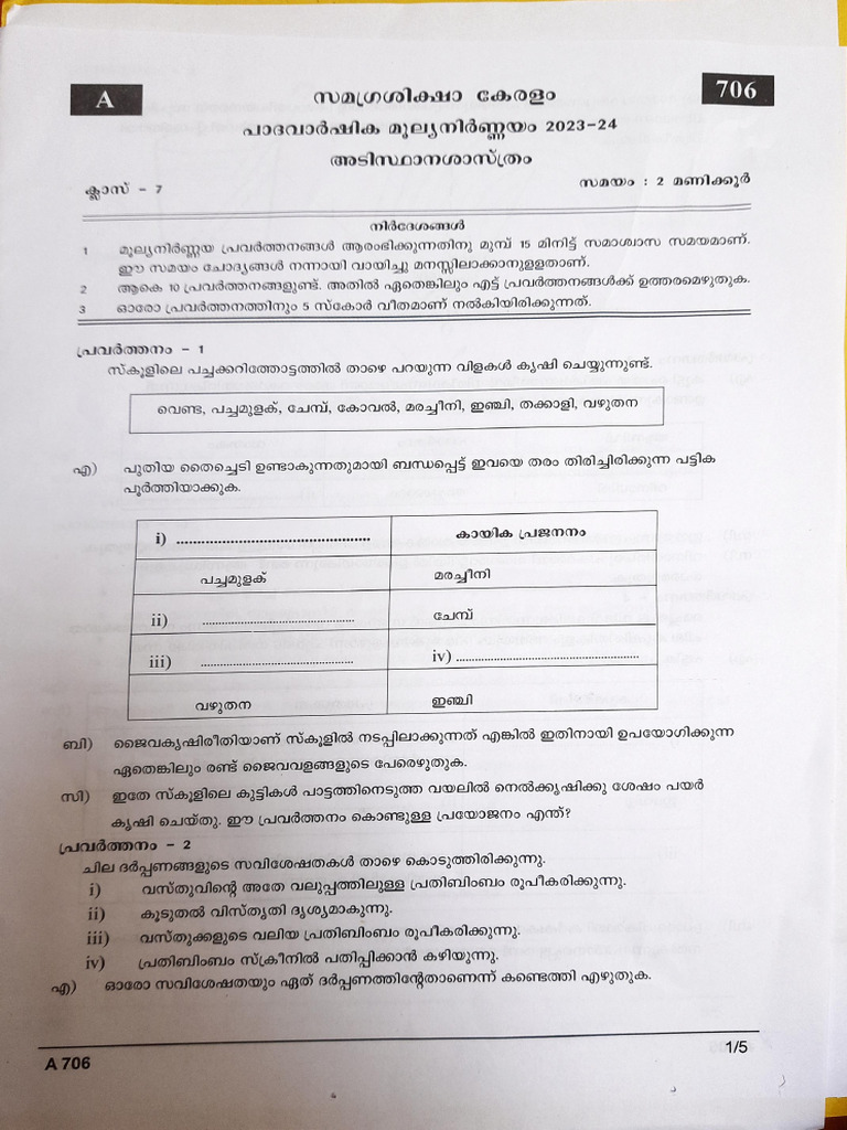 Kerala Class 7 First Term Onam Exam 2023 Science Question Paper Mal Med ...