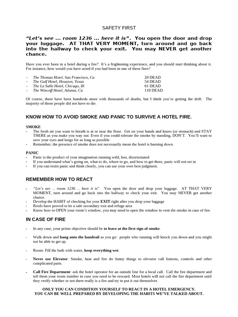 Hotel Fire Safety Tips and Strategies | PDF