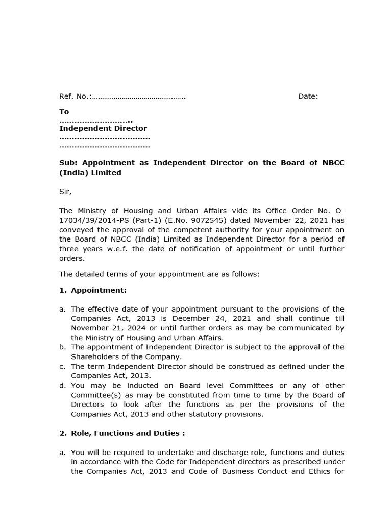 Letter of Appointment - Independent Directors | PDF | Business Law ...