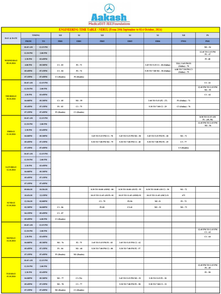 NERUL - ENG. - NON-INT - TIME TABLE - 09-10-2024 To 15-10-2024 | PDF