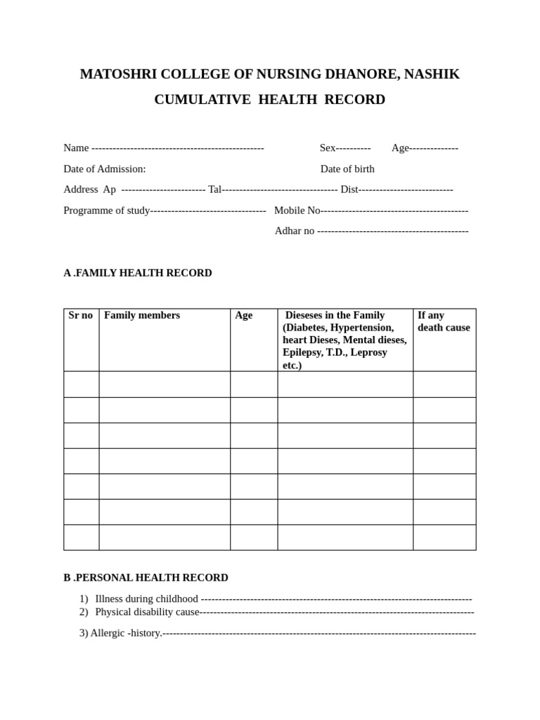 CUMULATIVE HEALTH RECORD | PDF | Medicine | Human Diseases And Disorders